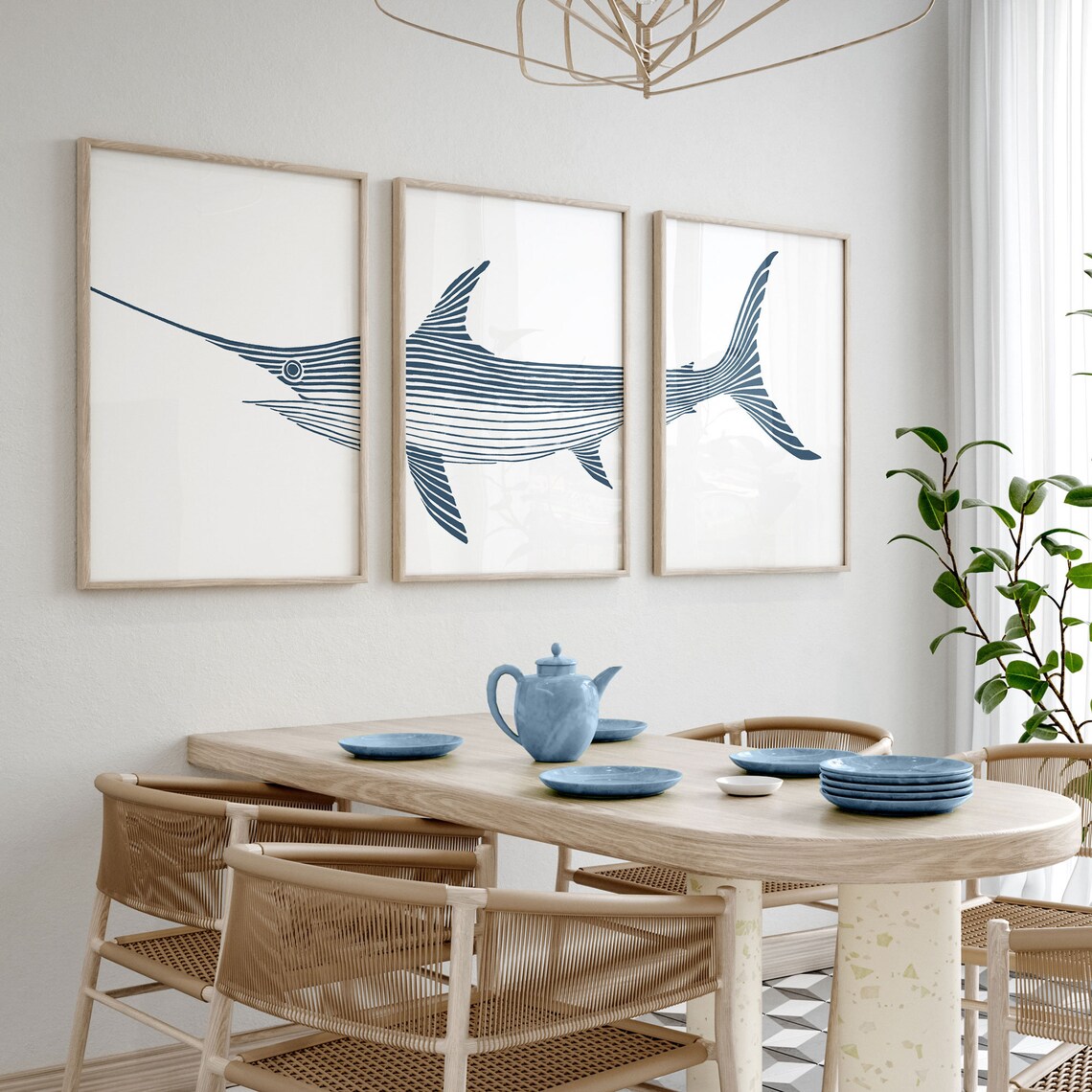 3 Piece Swordfish Print, Swordfish Marlin Art Set of 3, Beach House ...
