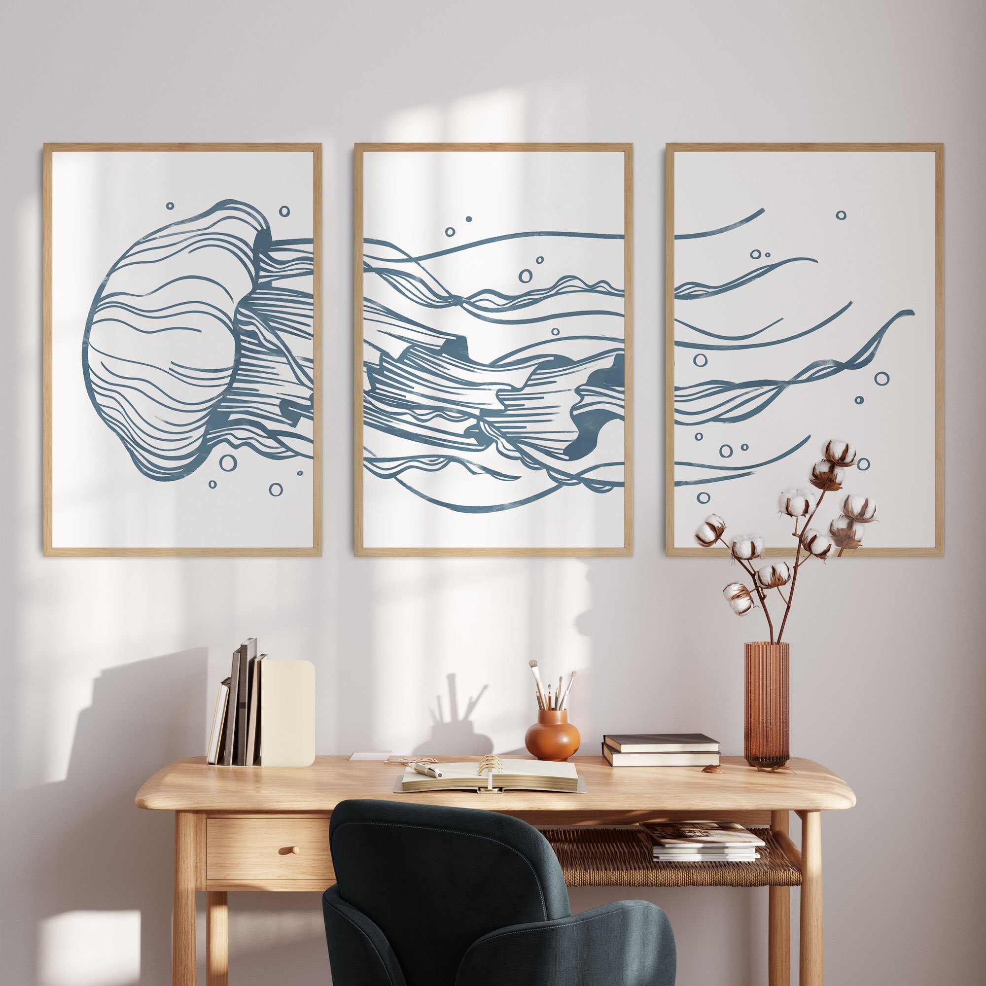 3 Piece Jellyfish Wall Art Three Panel, Set of 3, Blue Coastal Wall Art ...
