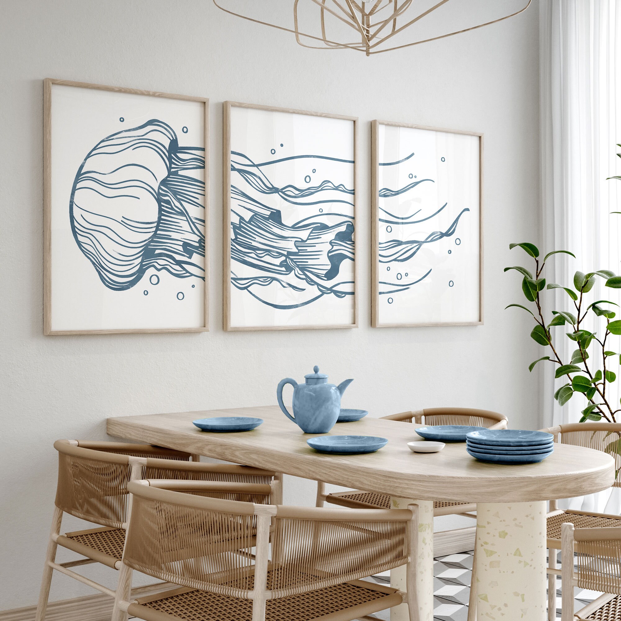 3 Piece Jellyfish Wall Art Three Panel, Set of 3, Blue Coastal Wall Art ...
