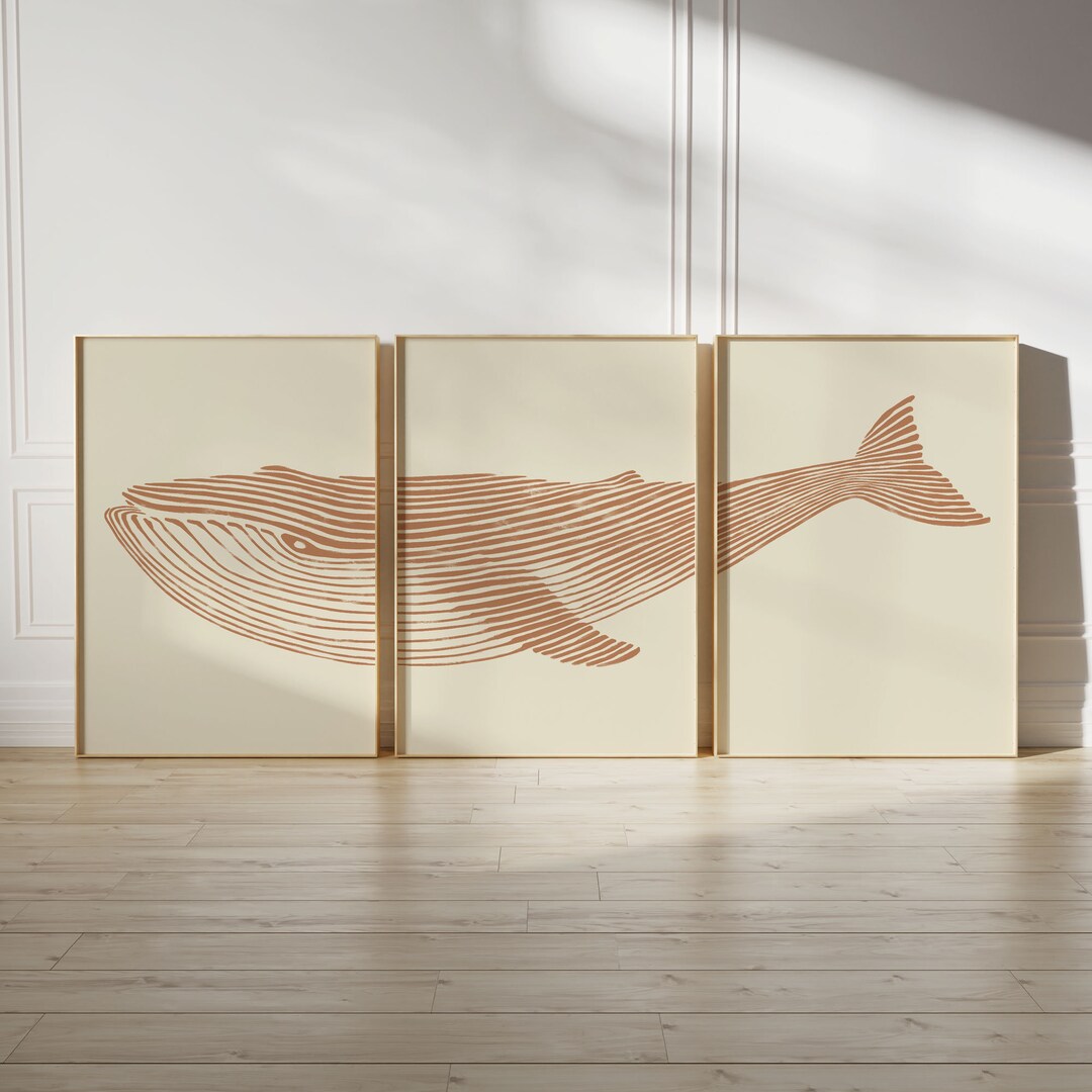 3 Piece Humpback Whale Art, Terracotta Prints, Burnt Orange, Set of 3 ...