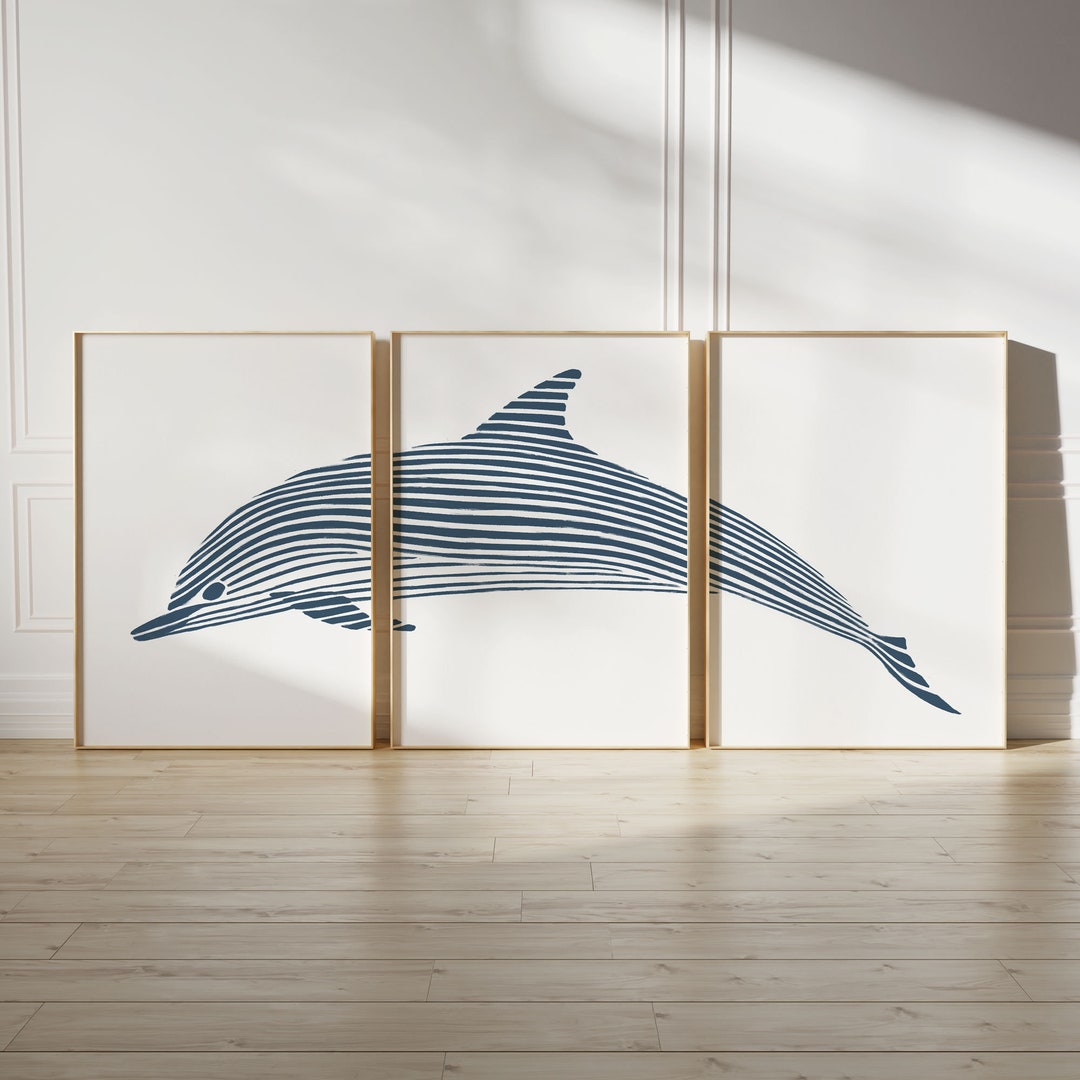 3 Piece Dolphin Art Print, Set of 3, Blue Coastal Wall Art, Nautical ...