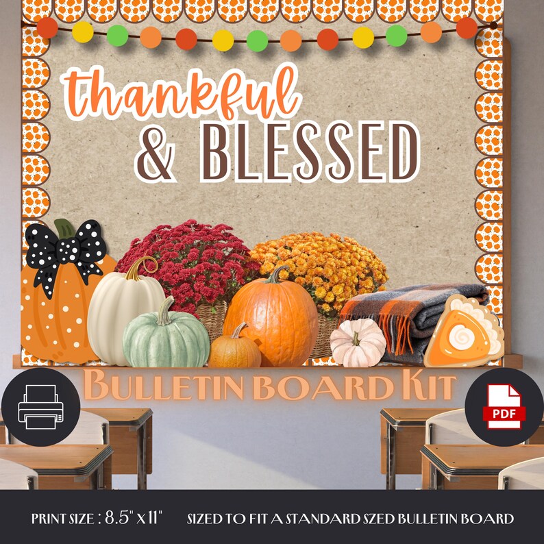 Thanksgiving Bulletin Board Kit: Thankful & Blessed Classroom Decor ...