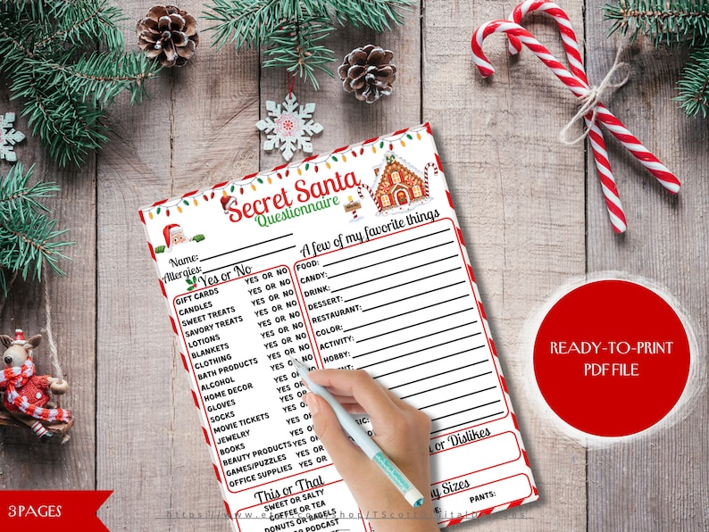 Secret Santa Questionnaire | Office Party | Gift Exchange | Printable ...