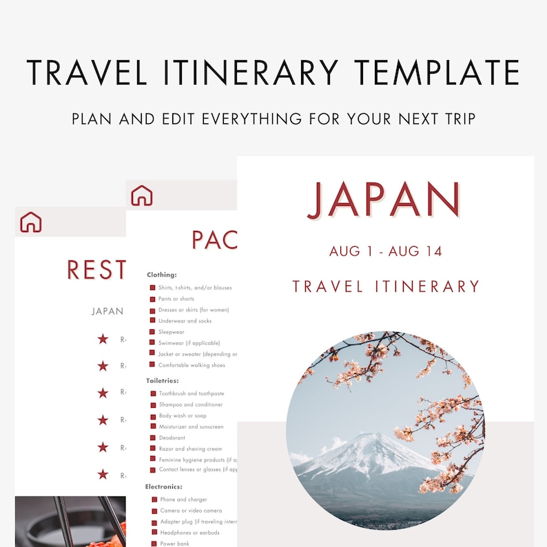 Travel Itinerary Template Modern Minimal Classic, Editable on Canva,planner, Printable, Digital ...