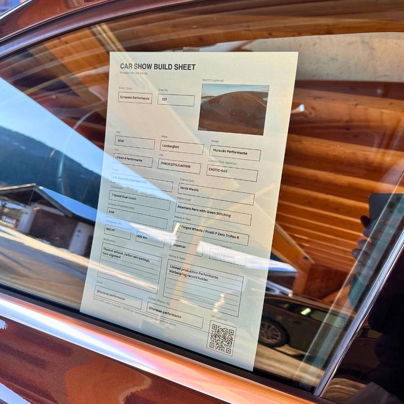 Car Show Build Sheet Printable | Editable Vehicle Spec Sheet PDF | A4 ...