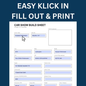 Car Show Build Sheet Printable | Editable Vehicle Spec Sheet PDF | A4 ...