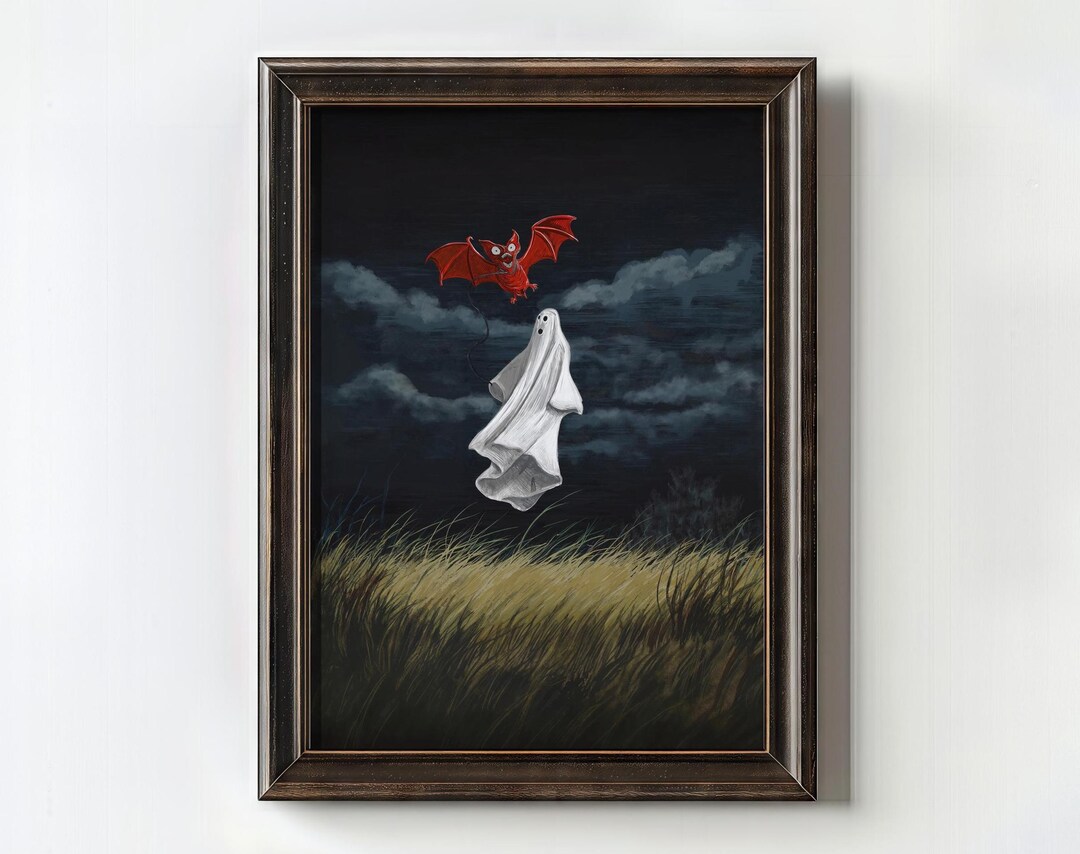 Halloween Ghost & Flying Bat Wall Art Print, Spooky Gothic Night Poster ...