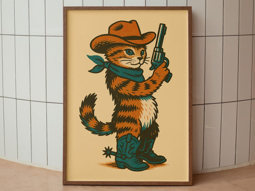 Retro Cowboy Cat Wall Art Print – Vintage Western Kitty Illustration ...