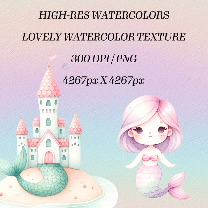 45 Whimsical Little Mermaid Clipart, Watercolor Ocean Fantasy, PNG ...