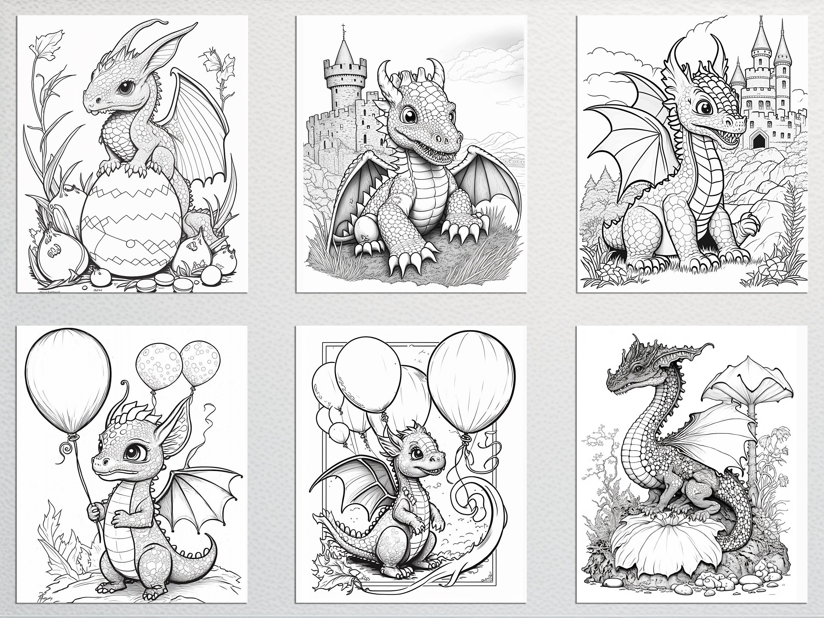 40 Baby Woodland Dragon Fantasy Coloring Page Book Grayscale - Etsy