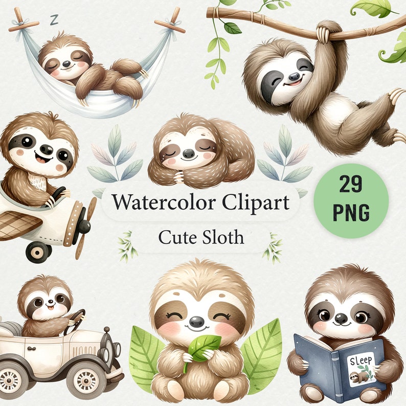 Watercolor Sloth Clipart - Cute Nursery Decor, Party Invitation Design ...