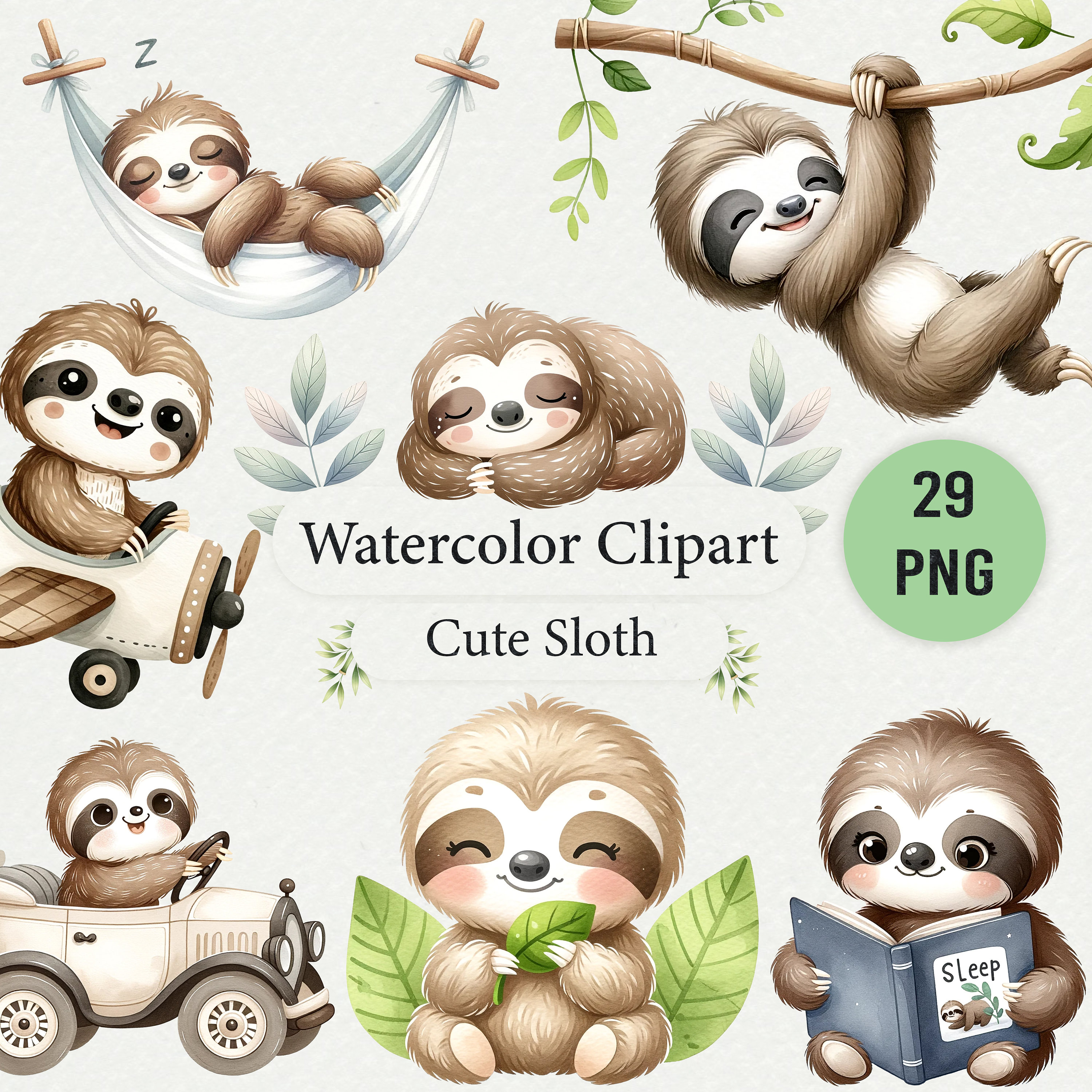Watercolor Sloth Clipart - Cute Nursery Decor, Party Invitation Design ...