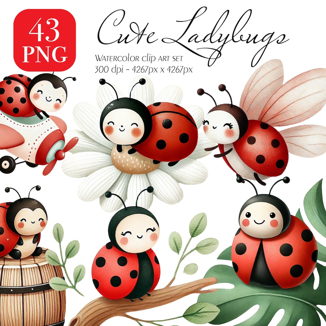 Ladybugs Clipart Set Watercolor Ladybug Digital Download Flying Beetle ...
