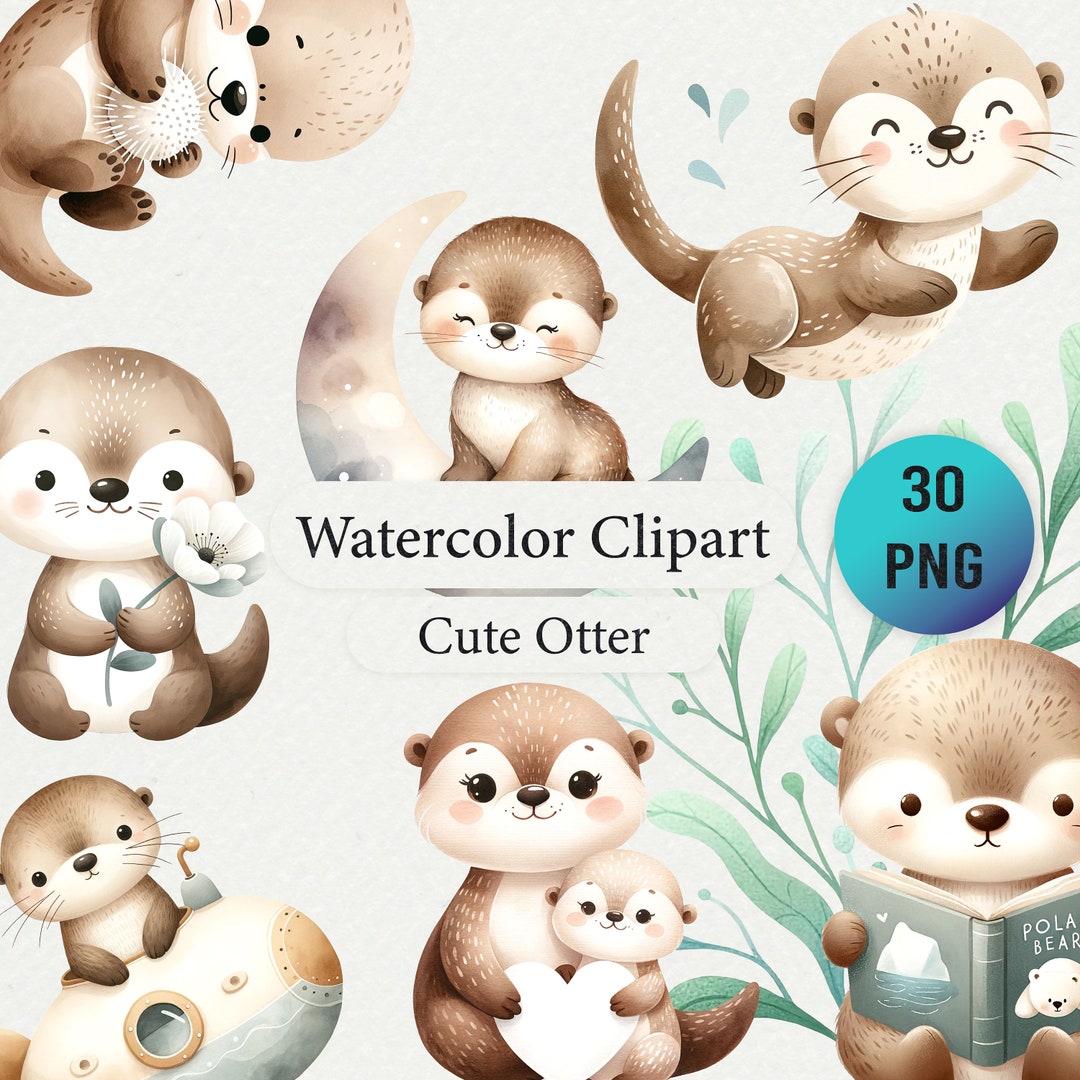 Cute Watercolor Otter Clipart Bundle - Transparent Background, Otter ...