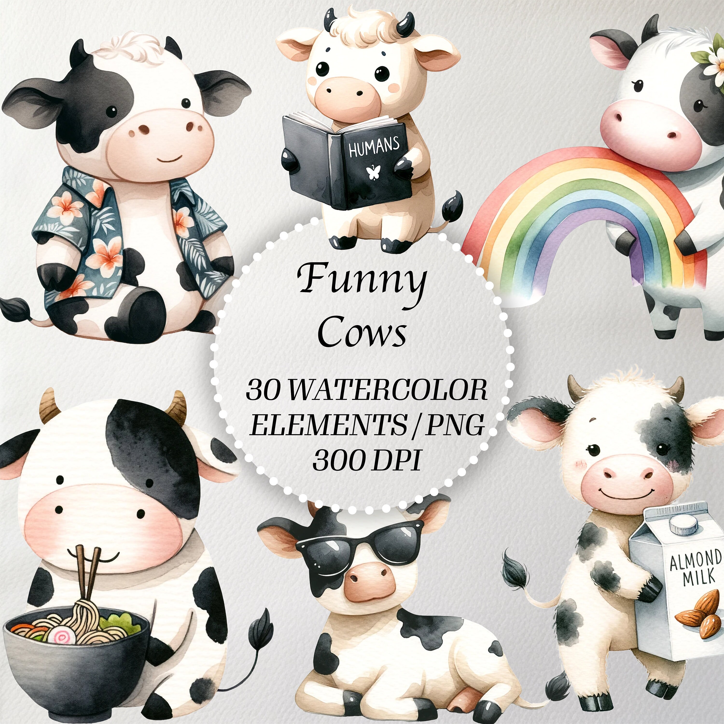 Funny Watercolor Cow Clipart: 30x Cute & Hilarious Cows, High-res 300 ...