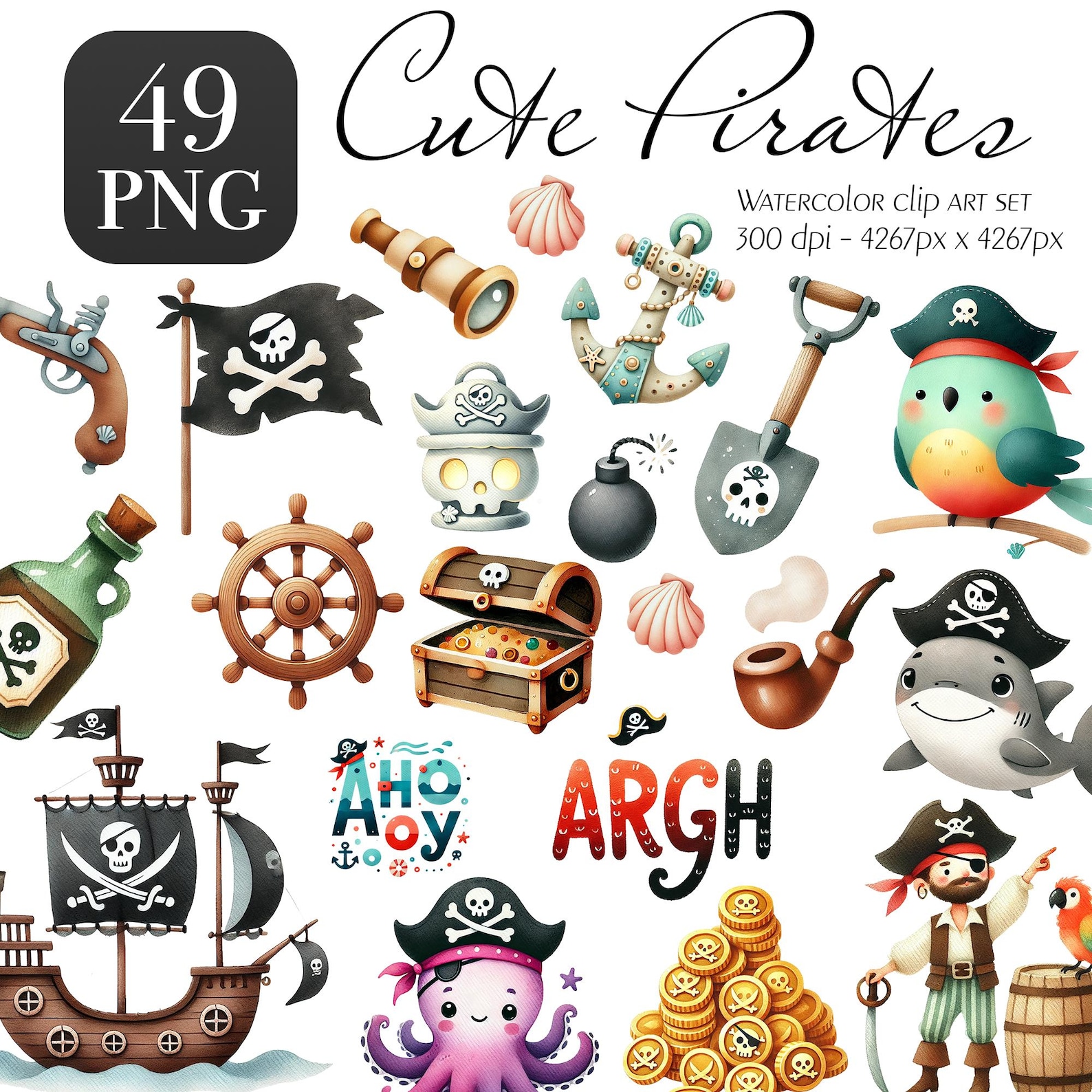 Watercolor Pirates Clipart Bundle - Pirate Ship Clipart, Pirate Map ...