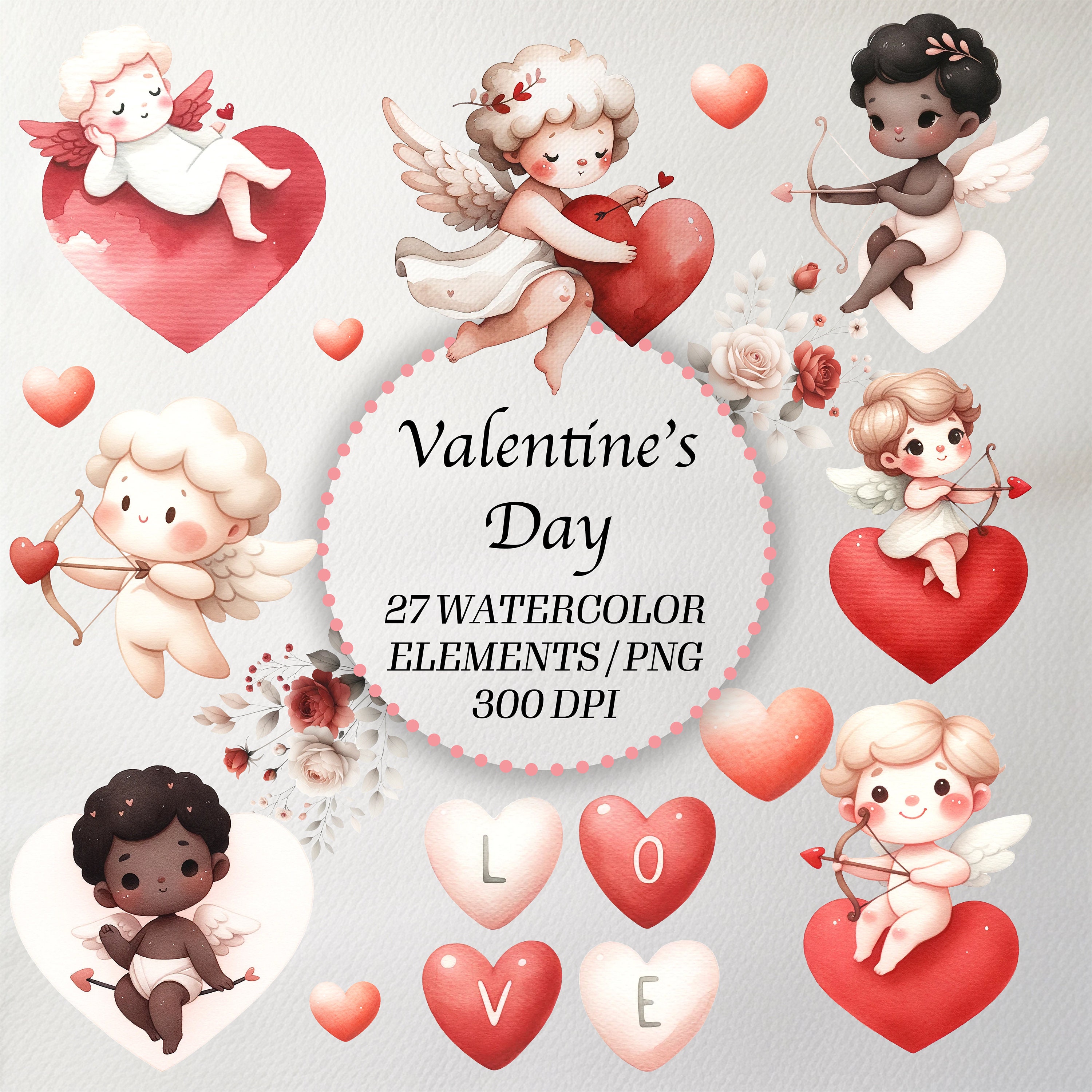 Watercolor Valentine's Day Clipart: 27 Pngs Red Roses, Love Notes, Cute ...
