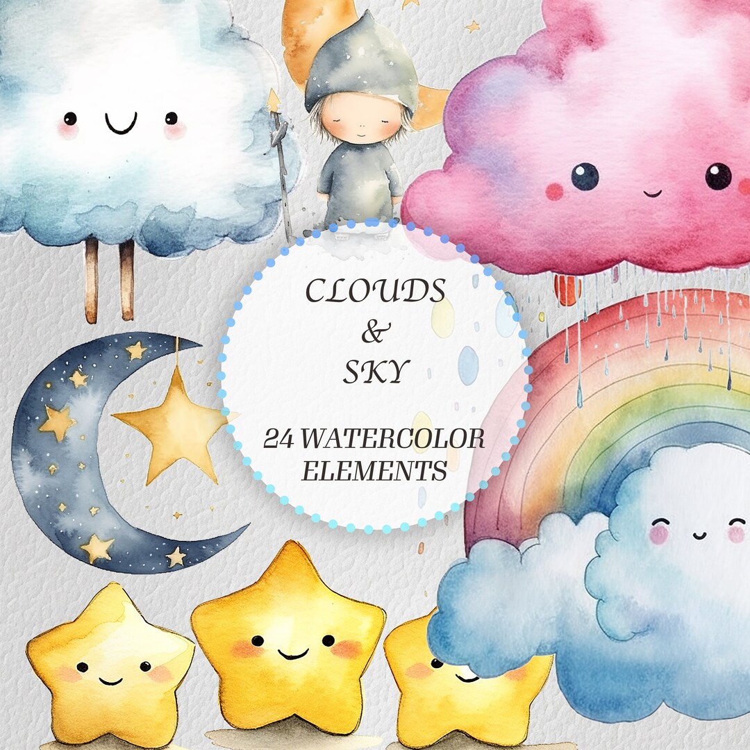 Cute Clouds Stars & Moon Watercolor Clipart Collection, Baby Shower ...