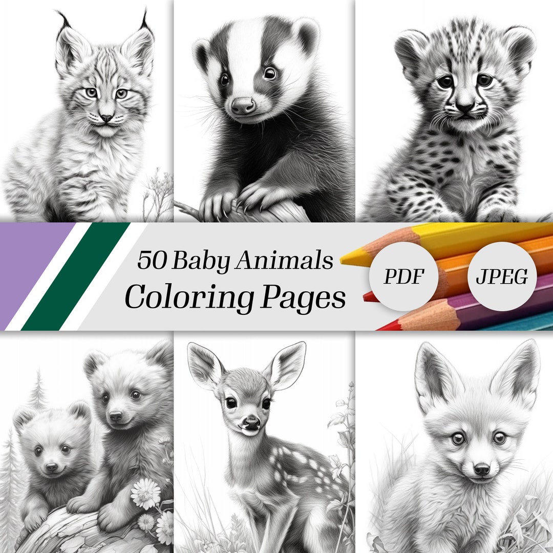 Baby Animals Grayscale Coloring Pages: 50 Relaxing Designs (PDF/JPEG ...