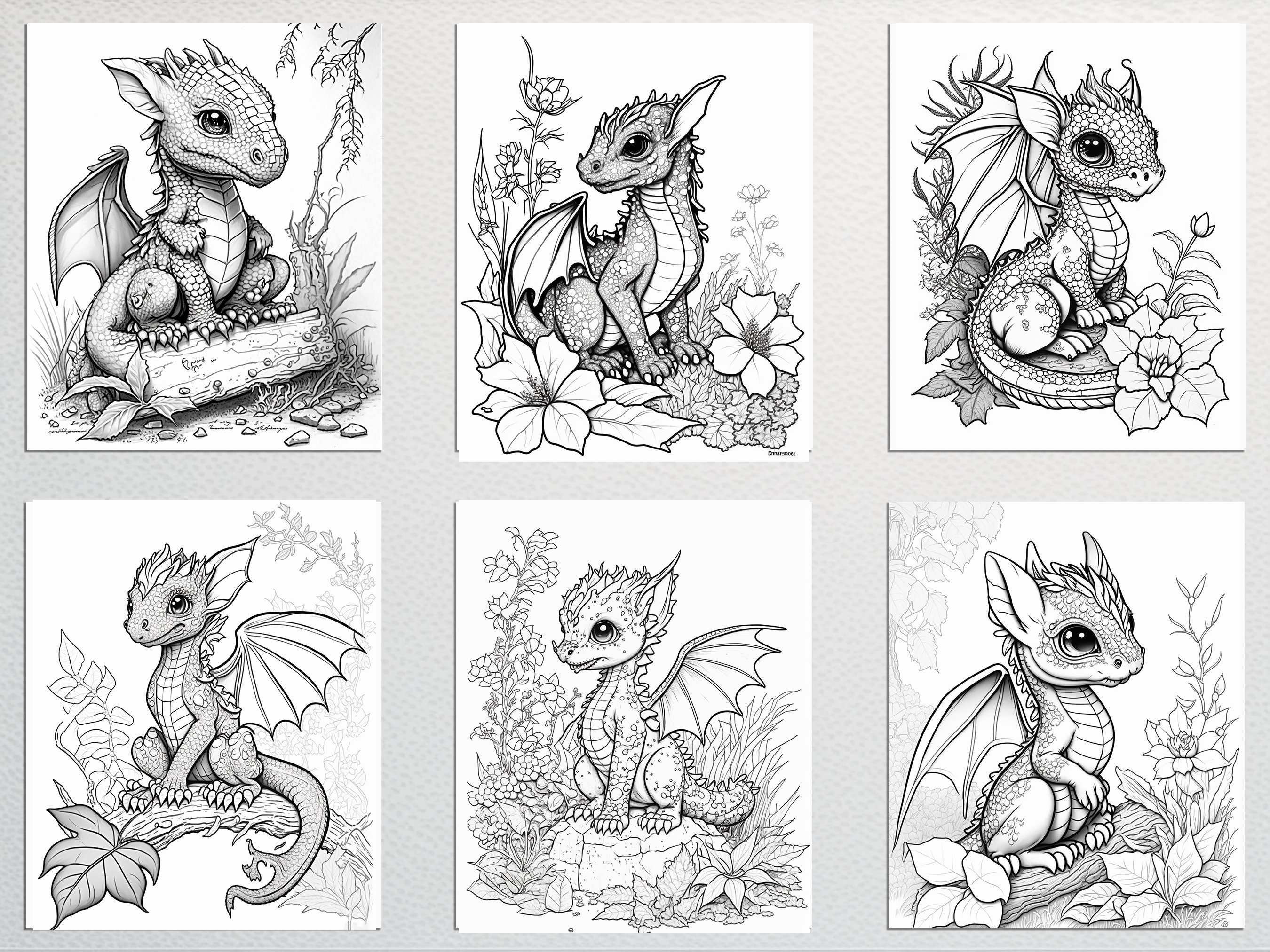40 Baby Woodland Dragon Fantasy Coloring Page Book Grayscale Coloring ...