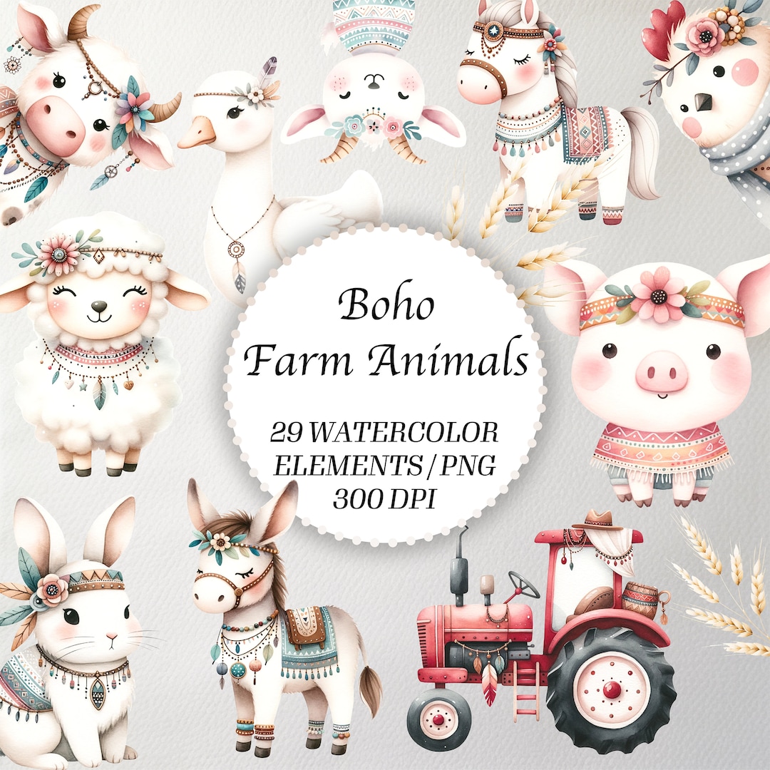 Boho Farm Animals Clipart Set: Watercolor PNG (instant Download) - Etsy