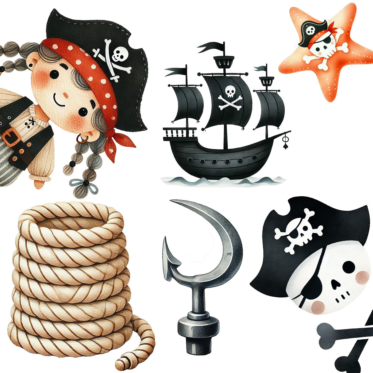 Watercolor Pirates Clipart Bundle - Pirate Ship Clipart, Pirate Map ...