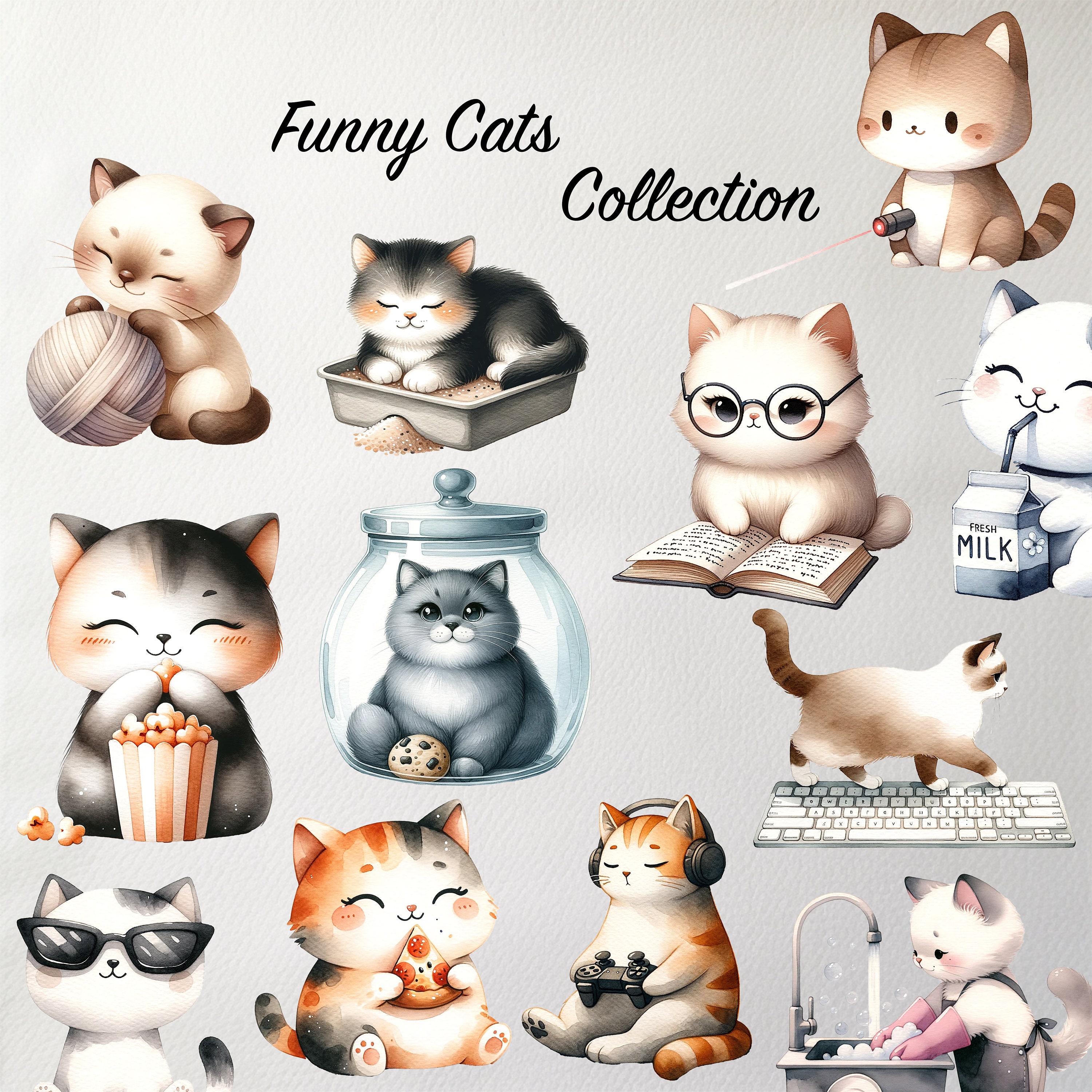 Funny Watercolor Cat Clipart Bundle Cute Cats PNG, Digital Download for ...