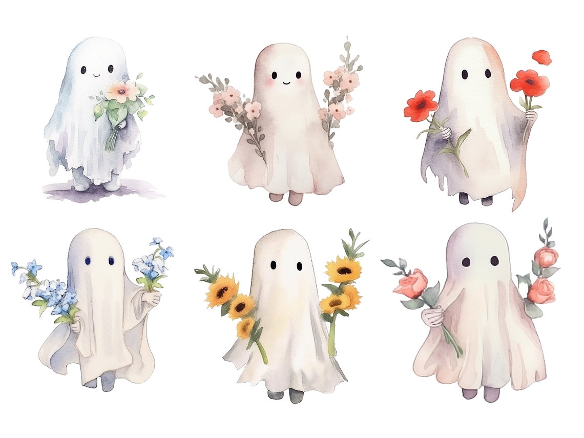 Cute Watercolor Ghost and Flowers Clipart - Halloween Clipart ...