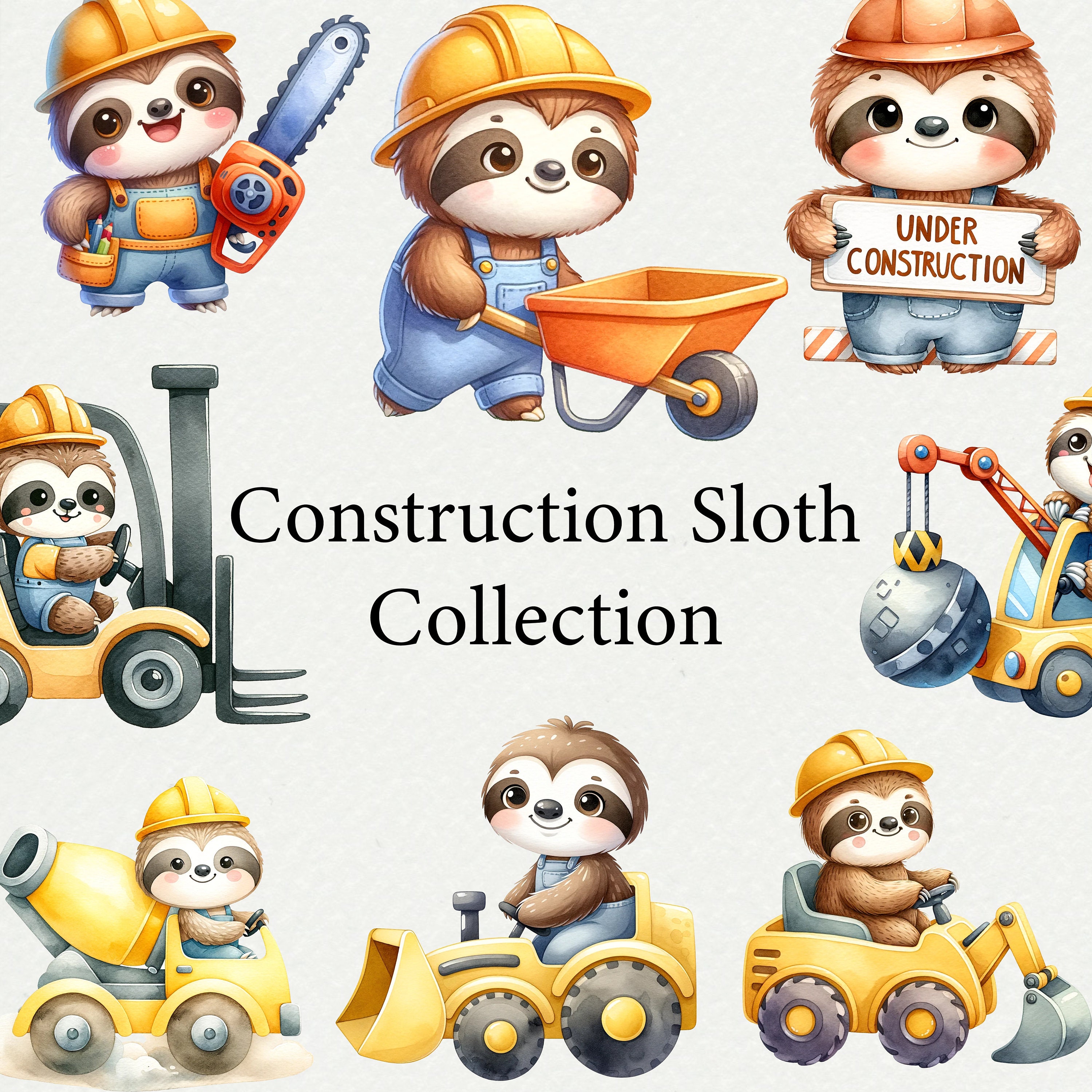 Watercolor Construction Sloth Clipart: Builder Sloths PNG (digital ...