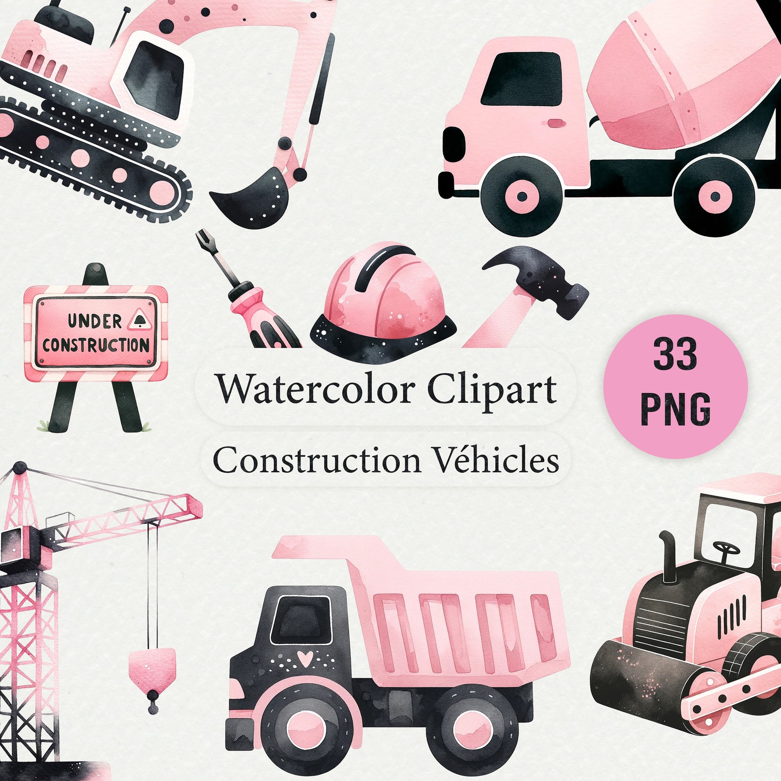 33 Watercolor Construction Vehicles Clip Art Bulldozer, Crane, Truck ...