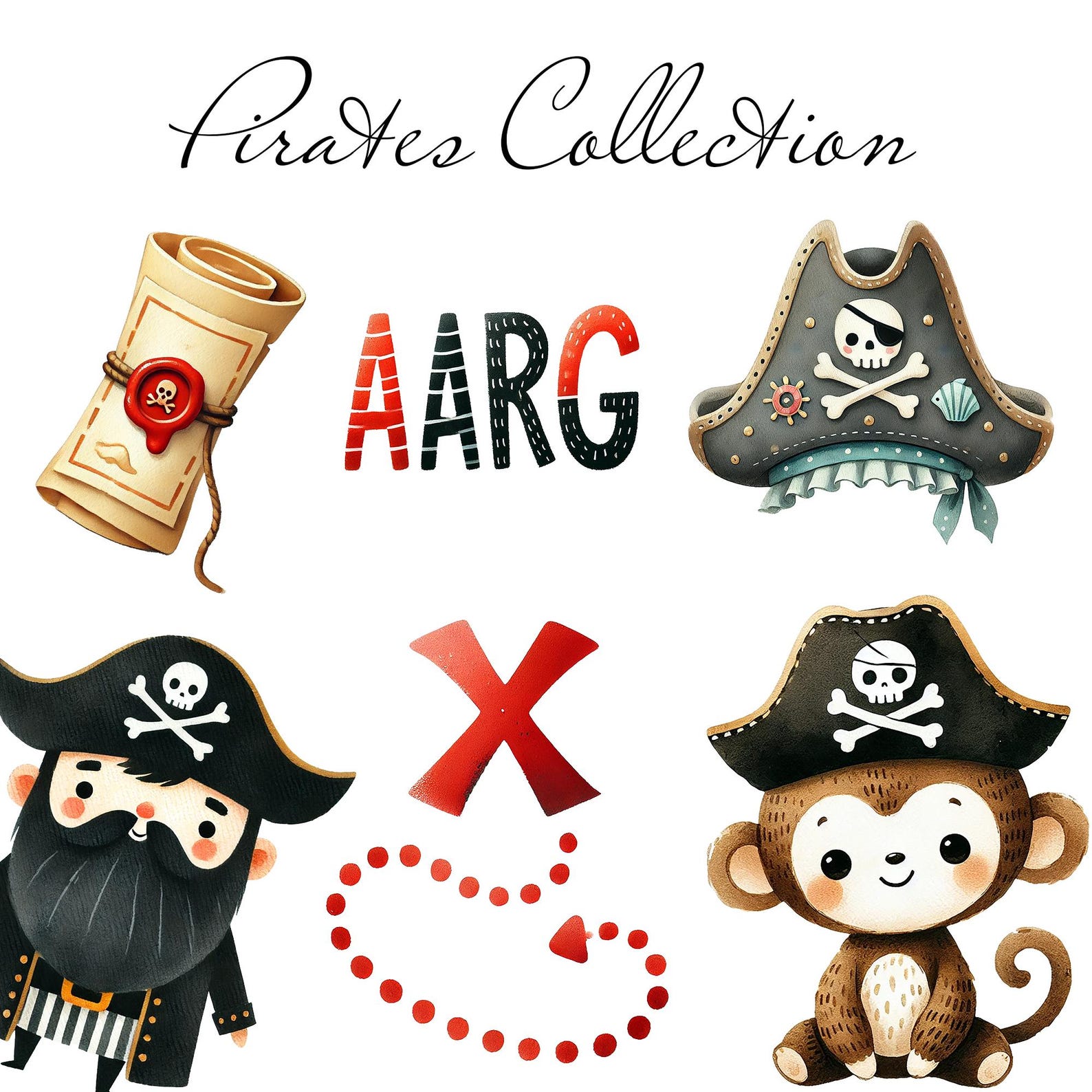Watercolor Pirates Clipart Bundle - Pirate Ship Clipart, Pirate Map ...