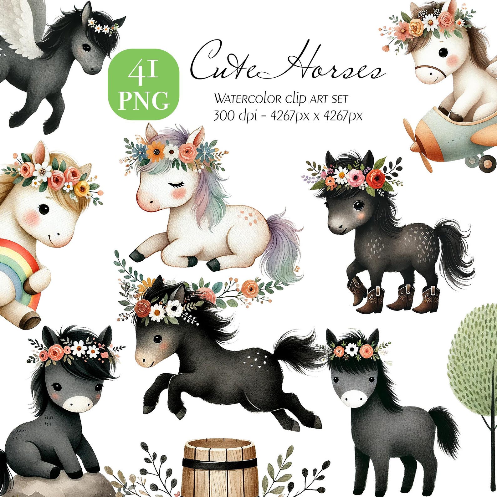 Cute Watercolor Horse Clipart Bundle, Floral Horses PNG, Foal & Farm ...