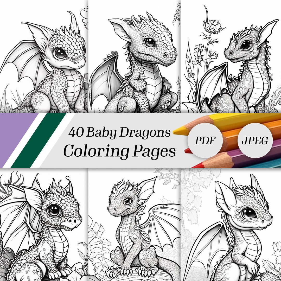 40 Baby Woodland Dragon Fantasy Coloring Page Book - Grayscale Coloring ...
