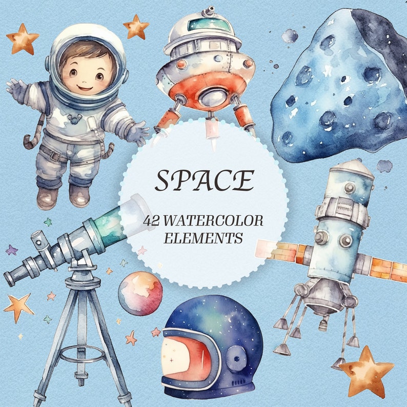 Space Watercolor Clipart Bundle Cute Astronaut Planets & - Etsy