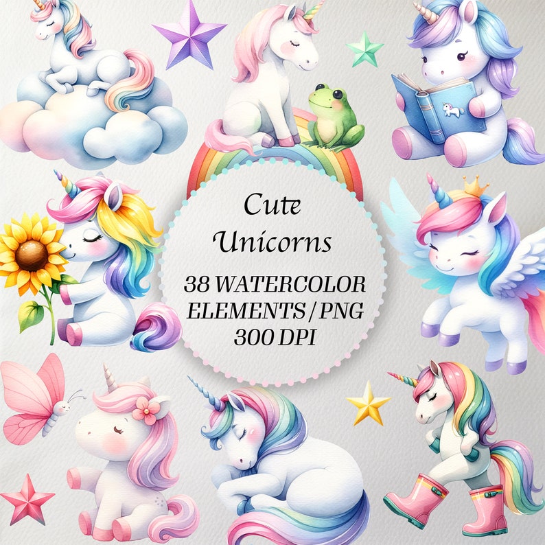 38 Pastel Unicorn Watercolor Clipart: Cute Rainbow PNG, Digital ...