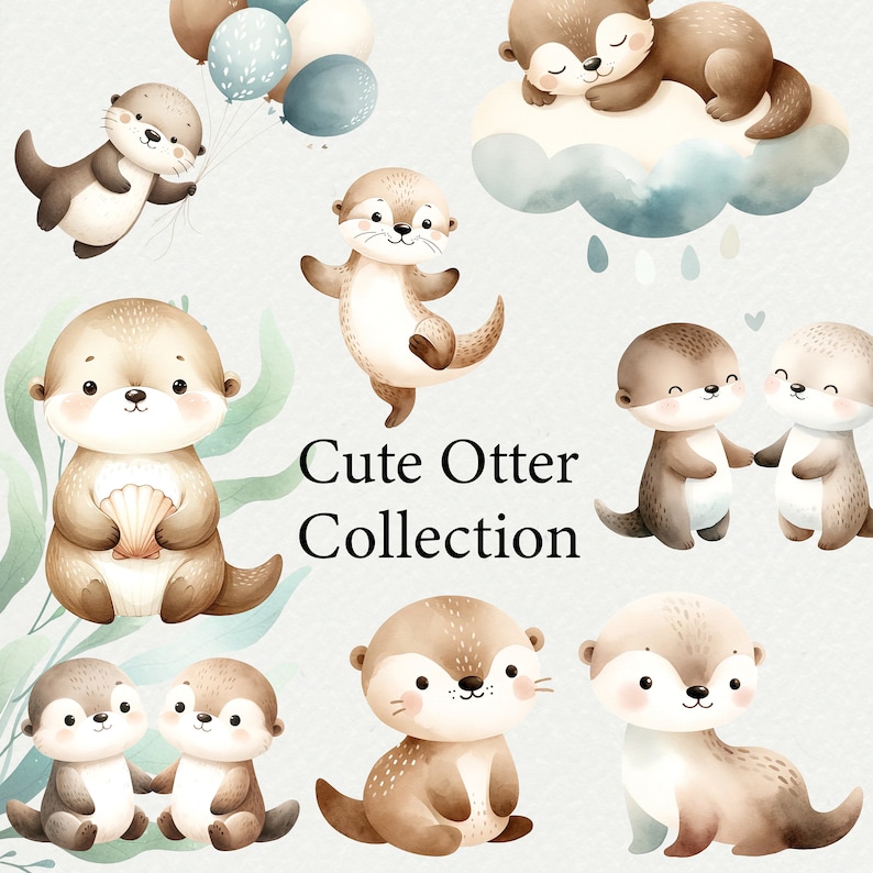Cute Watercolor Otter Clipart Bundle Transparent Background, Otter ...