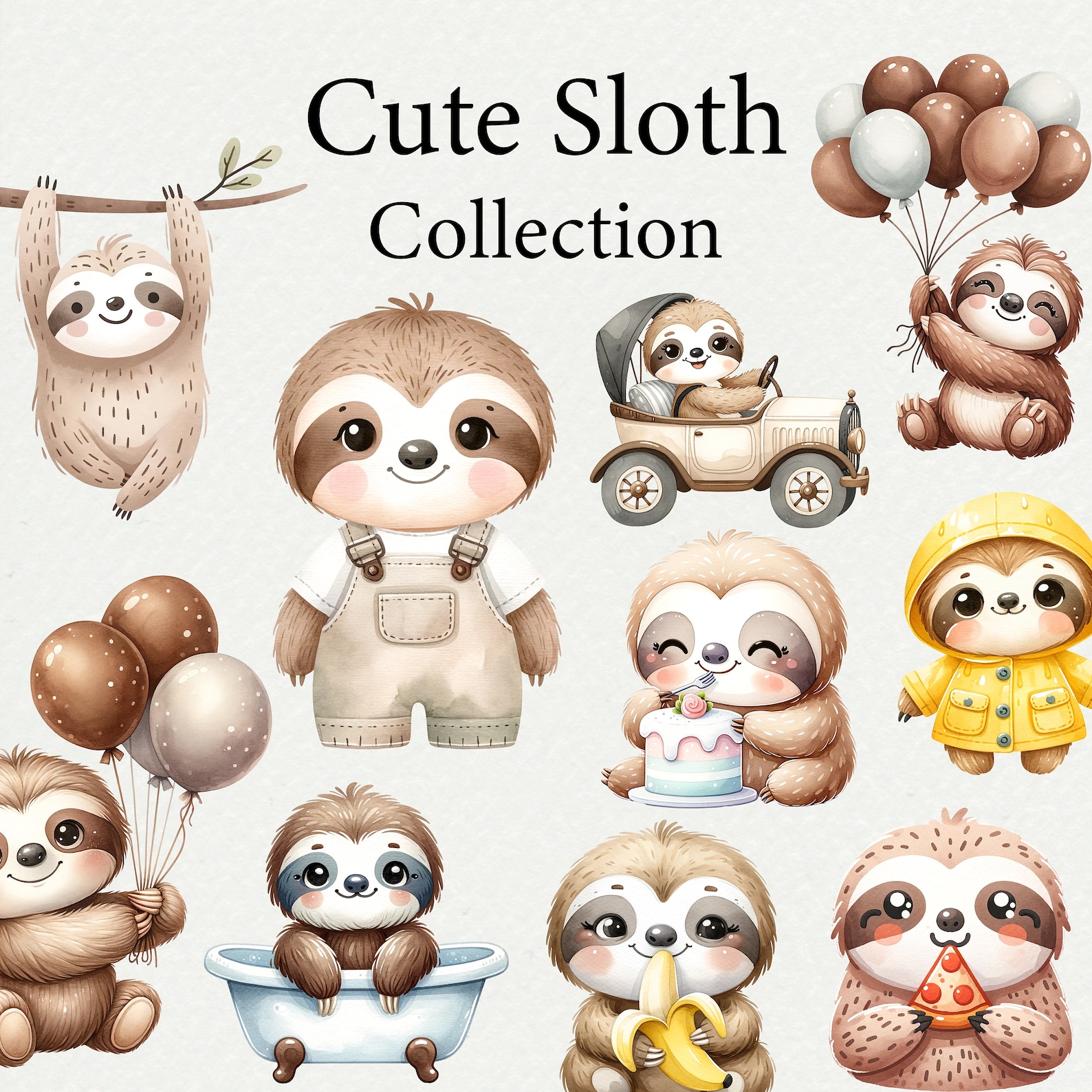 Watercolor Sloth Clipart - Cute Nursery Decor, Party Invitation Design ...