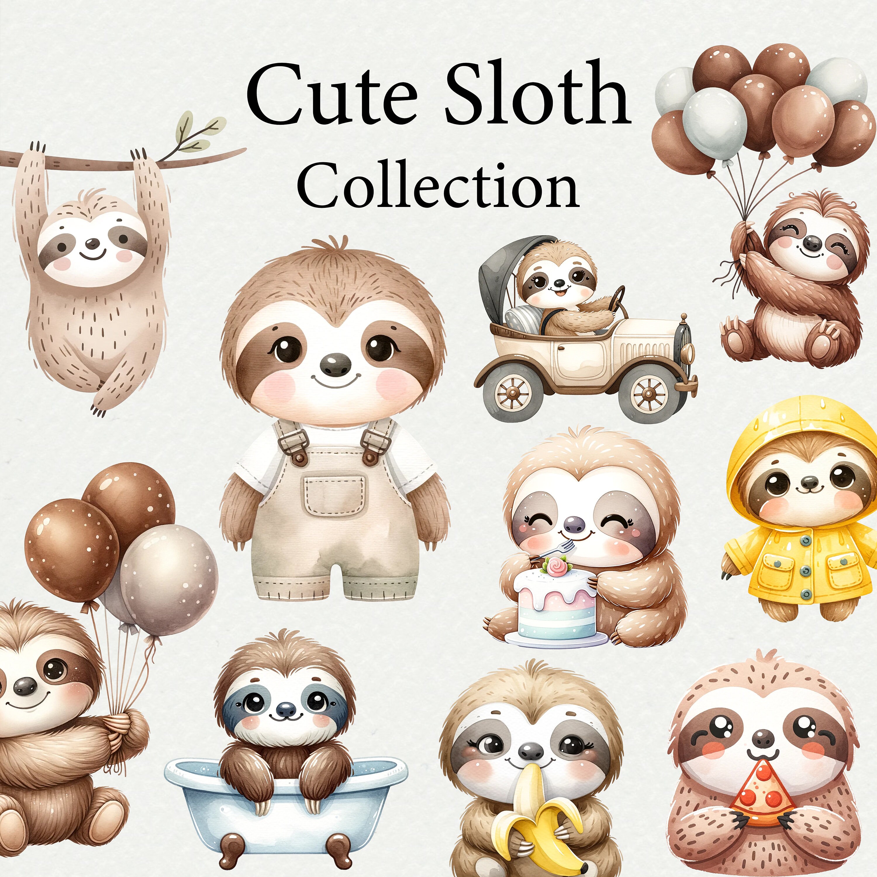 Watercolor Sloth Clipart - Cute Nursery Decor, Party Invitation Design ...