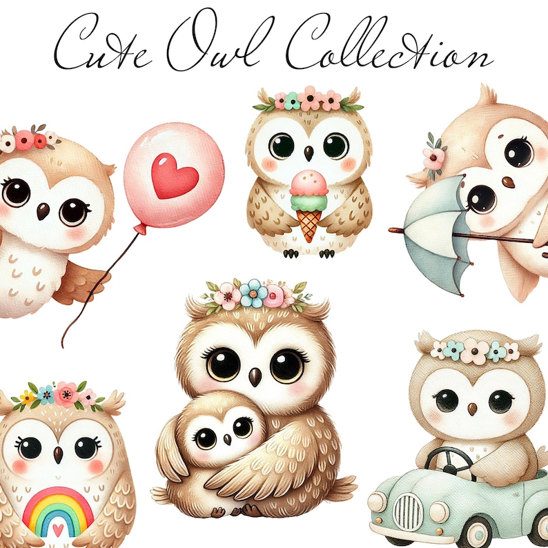 Watercolor Owl Clipart Set: Baby Animal Illustrations (PNG Digital ...