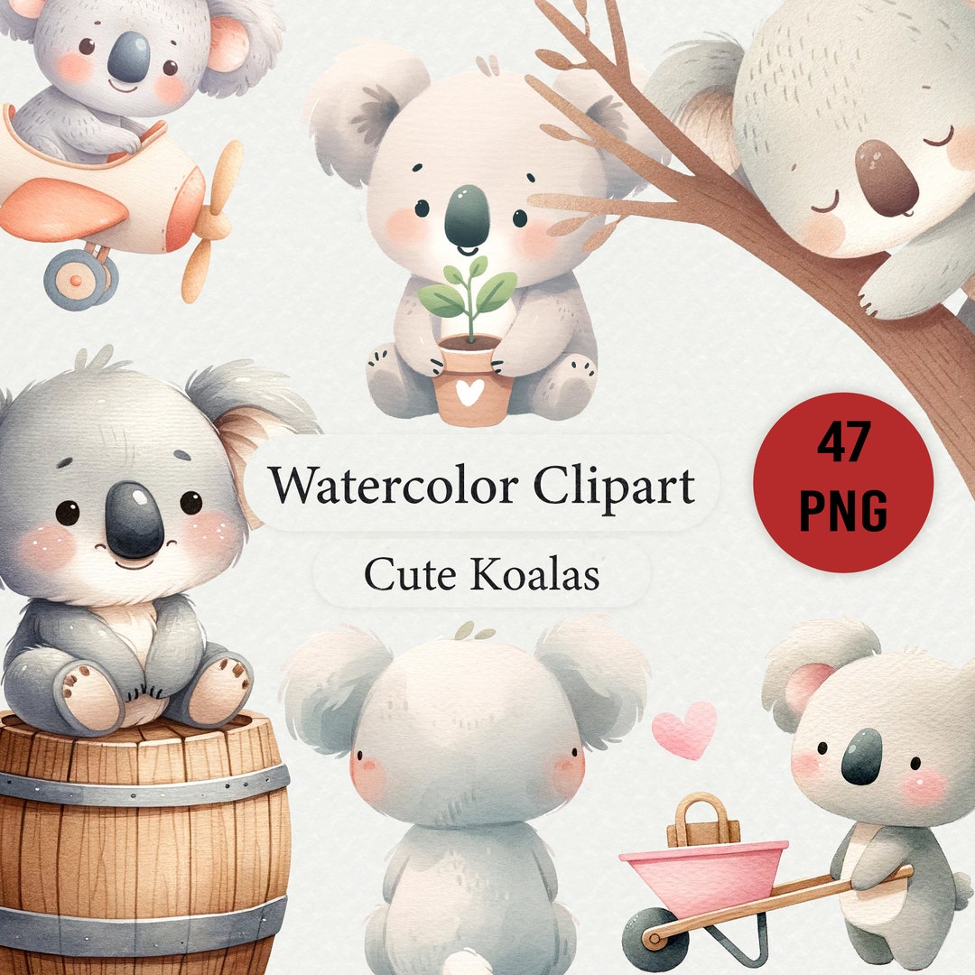 Cute Watercolor Koala Clipart Bundle: Koala PNG, Nursery & Baby Shower ...