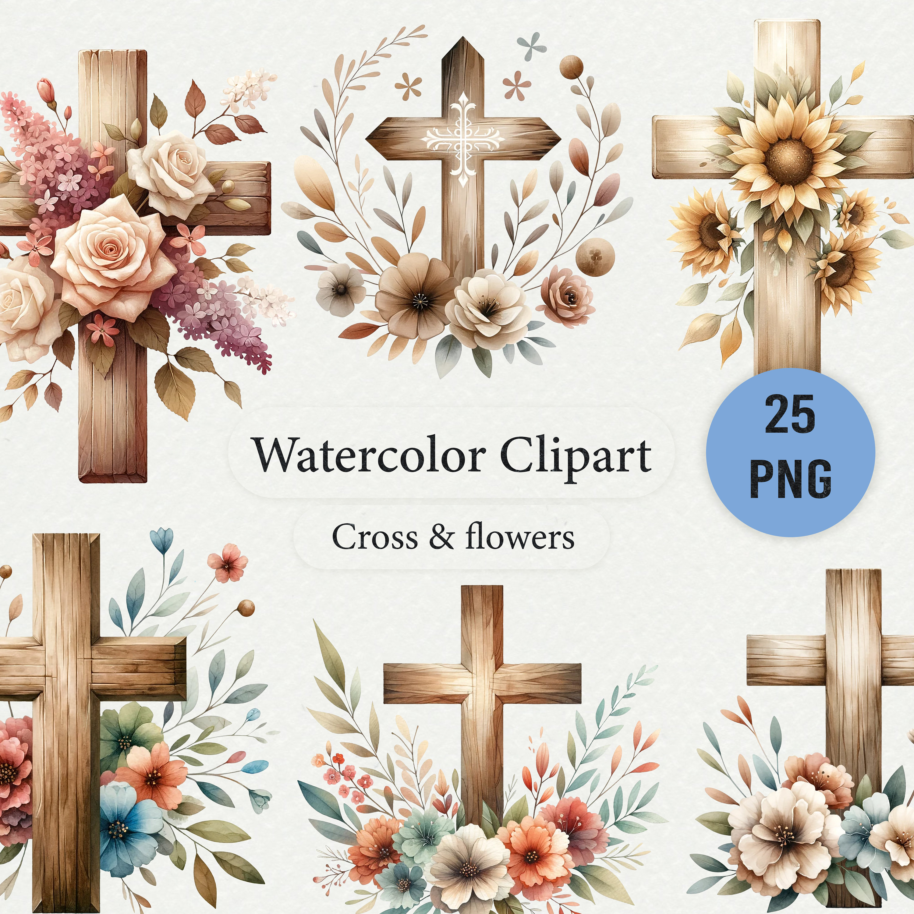 Watercolor Flower Cross Clipart Bundle | PNG | 300 DPI | Instant ...