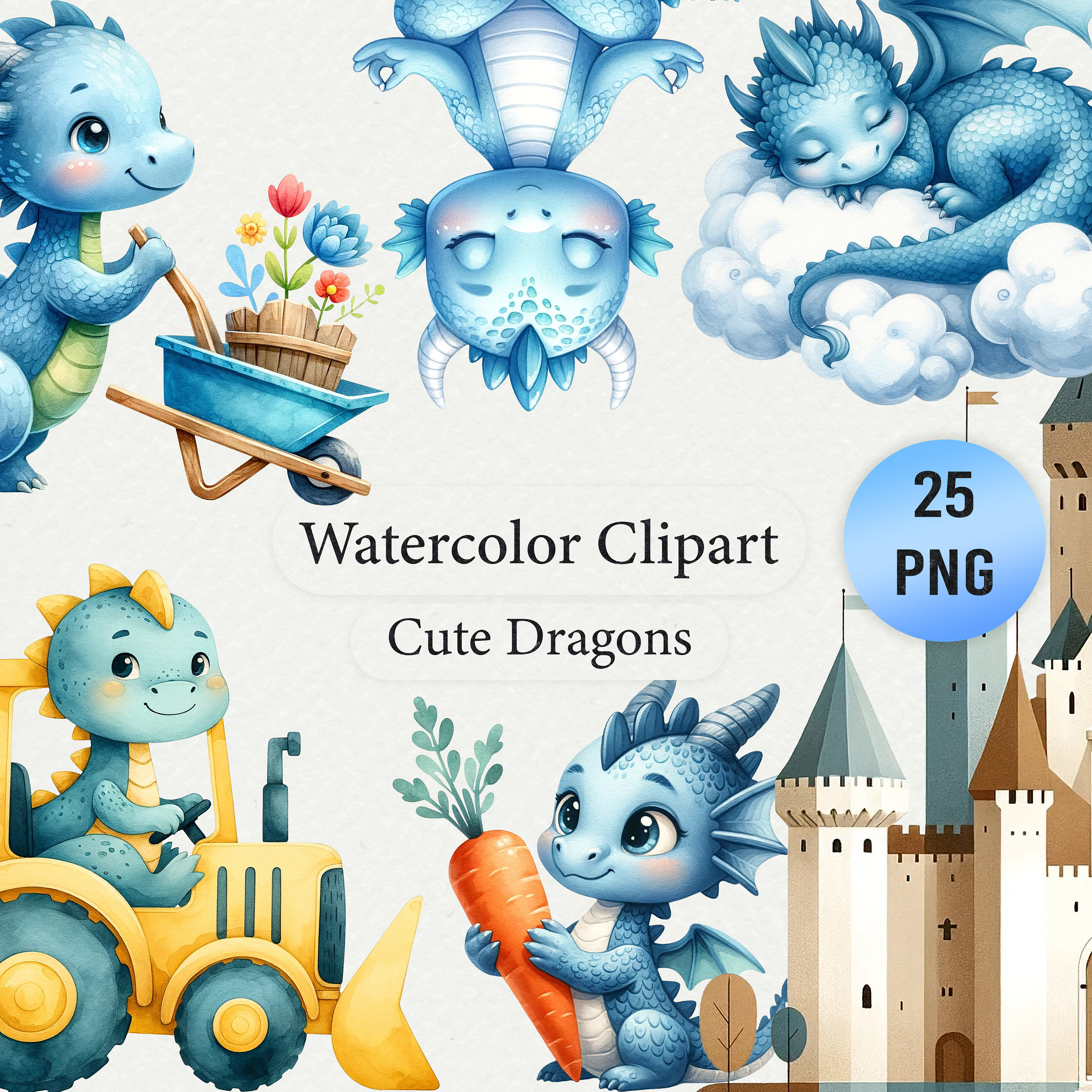 Cute Watercolor Dragon Clipart Bundle Blue Baby Dragon PNG Collection ...