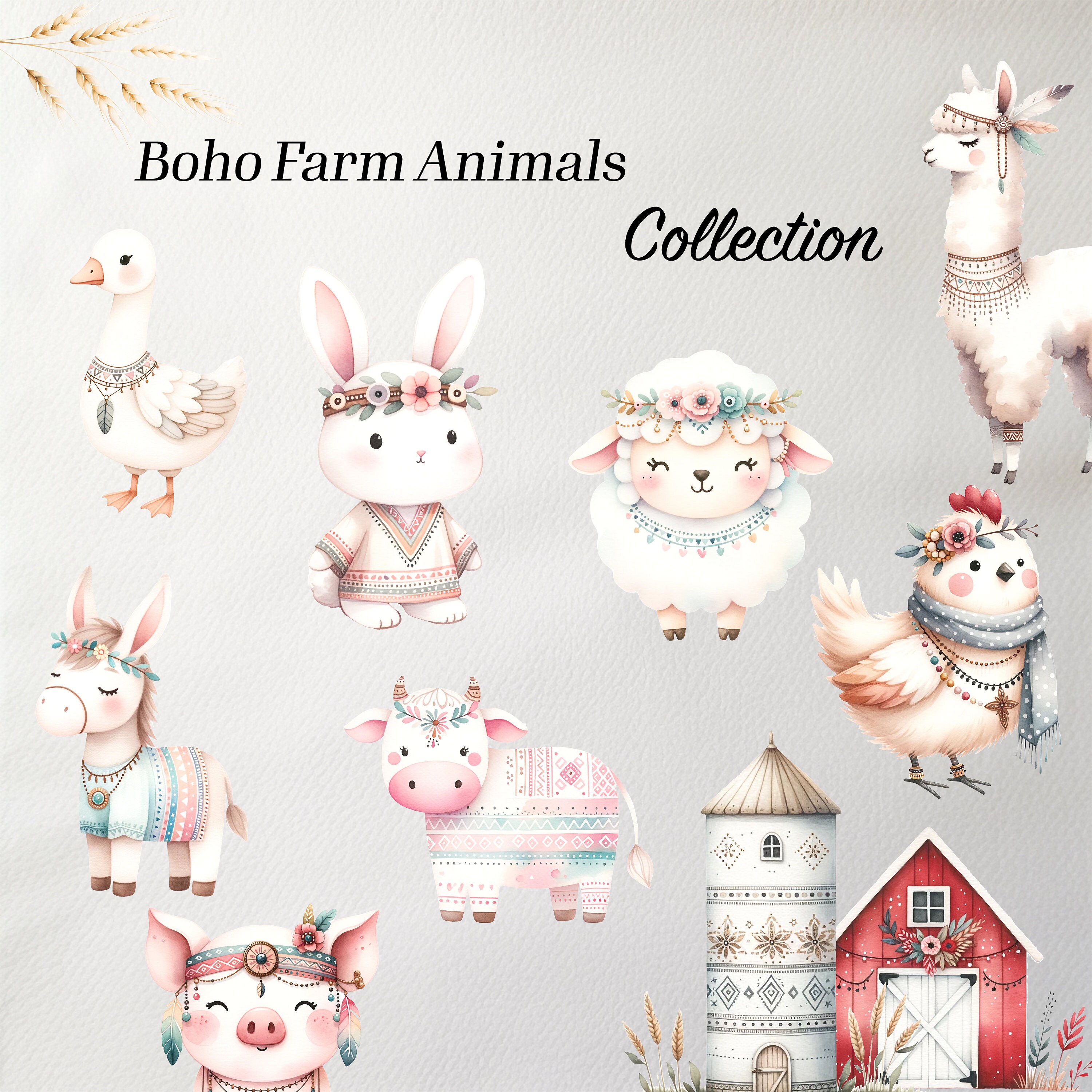 Boho Farm Animals Clipart Set: Watercolor PNG (instant Download) - Etsy