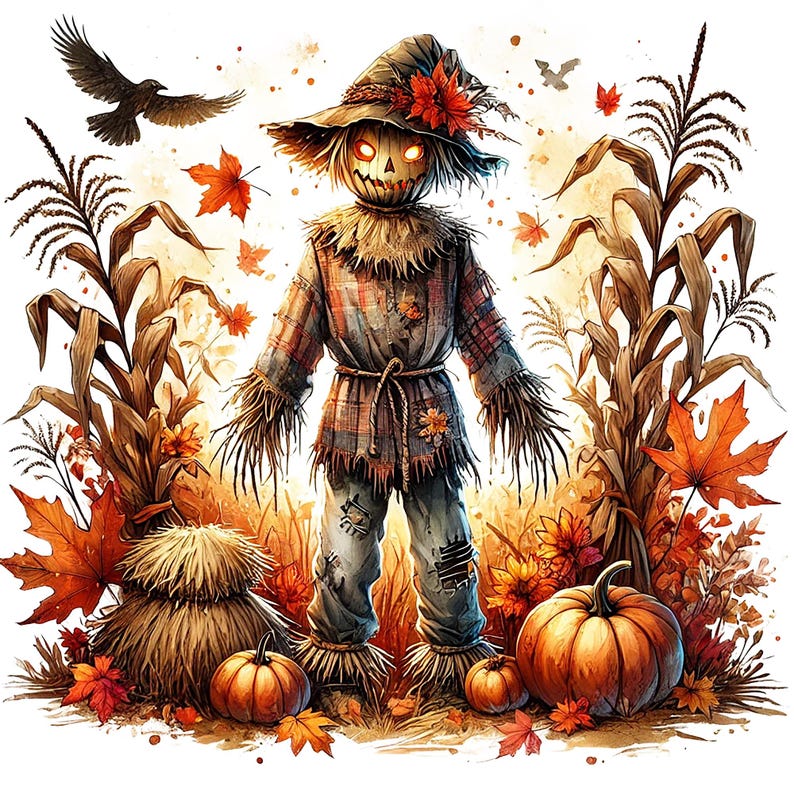 Watercolor Scarecrow Clipart: Fall Autumn PNG Bundle (commercial Use ...
