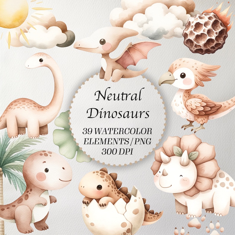 Watercolor Dinosaur Clipart Cute Nursery PNG, Birthday Decor, Baby ...