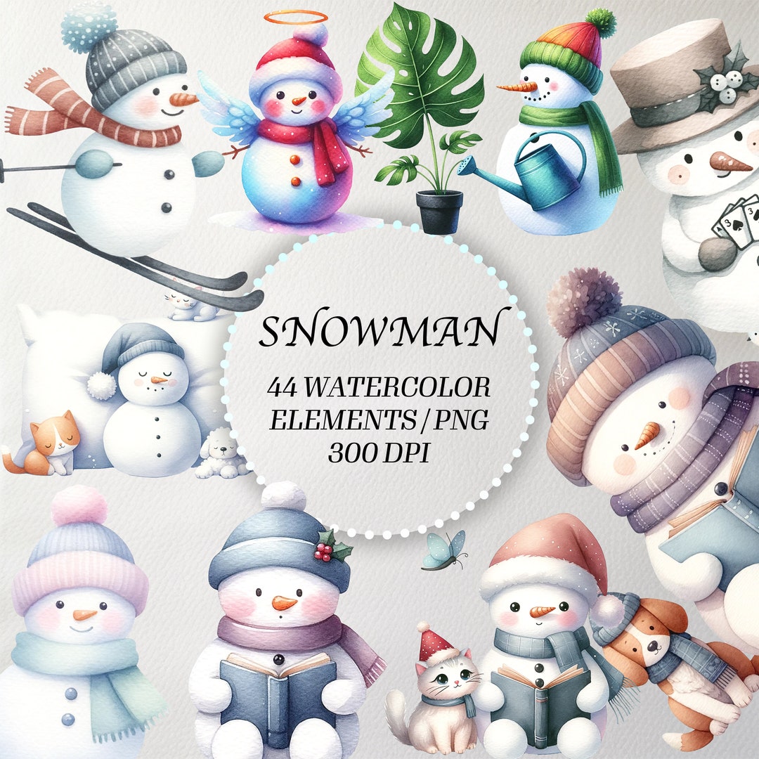 Premium Watercolor Snowman Clipart Bundle 44 High-quality - Etsy