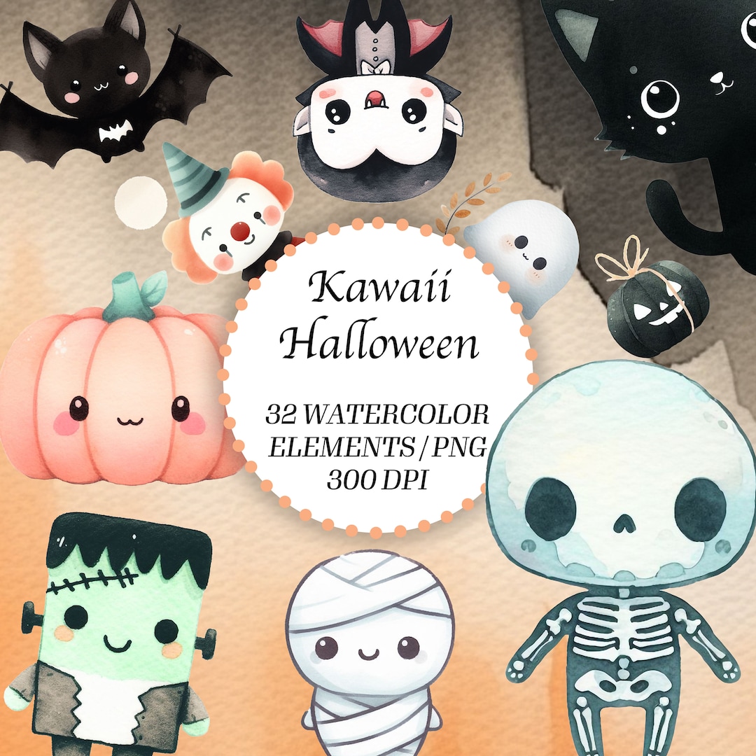 Kawaii Halloween Clipart Bundle: 32 Watercolor Spooky Illustrations ...