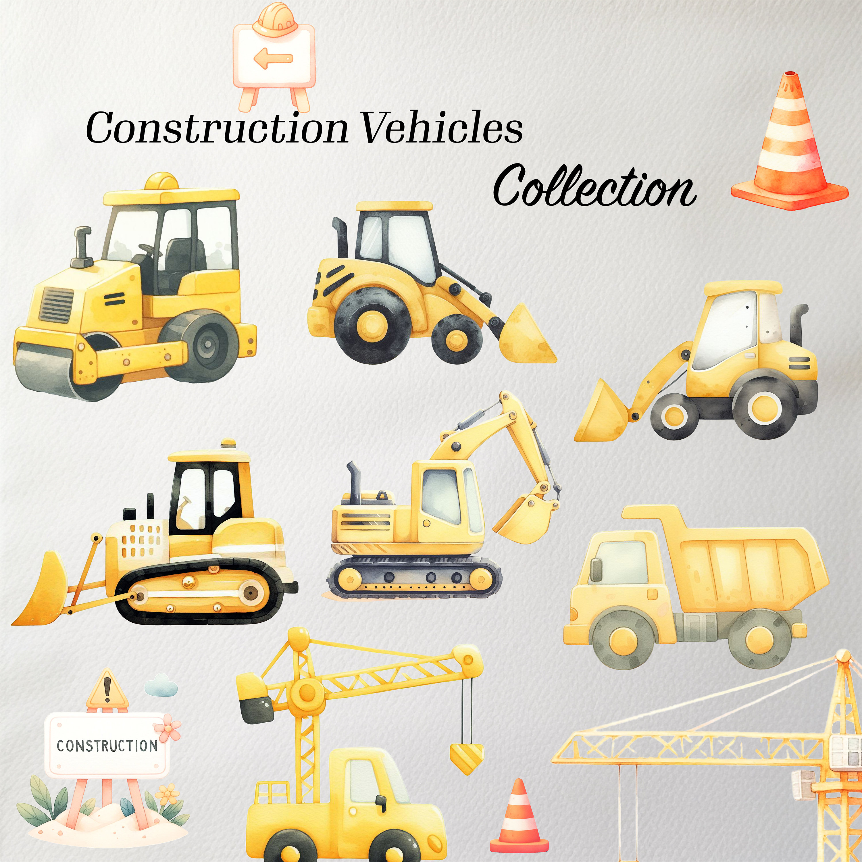 38 Watercolor Construction Vehicles Clip Art Bulldozer, Crane, Truck ...