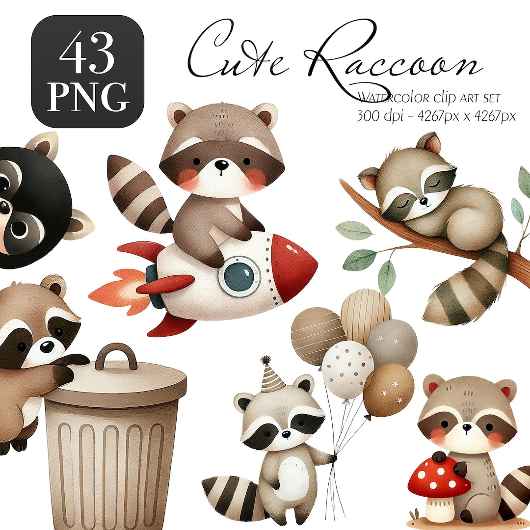 Watercolor Raccoon Clipart Set, Woodland Nursery Art (commercial Use ...