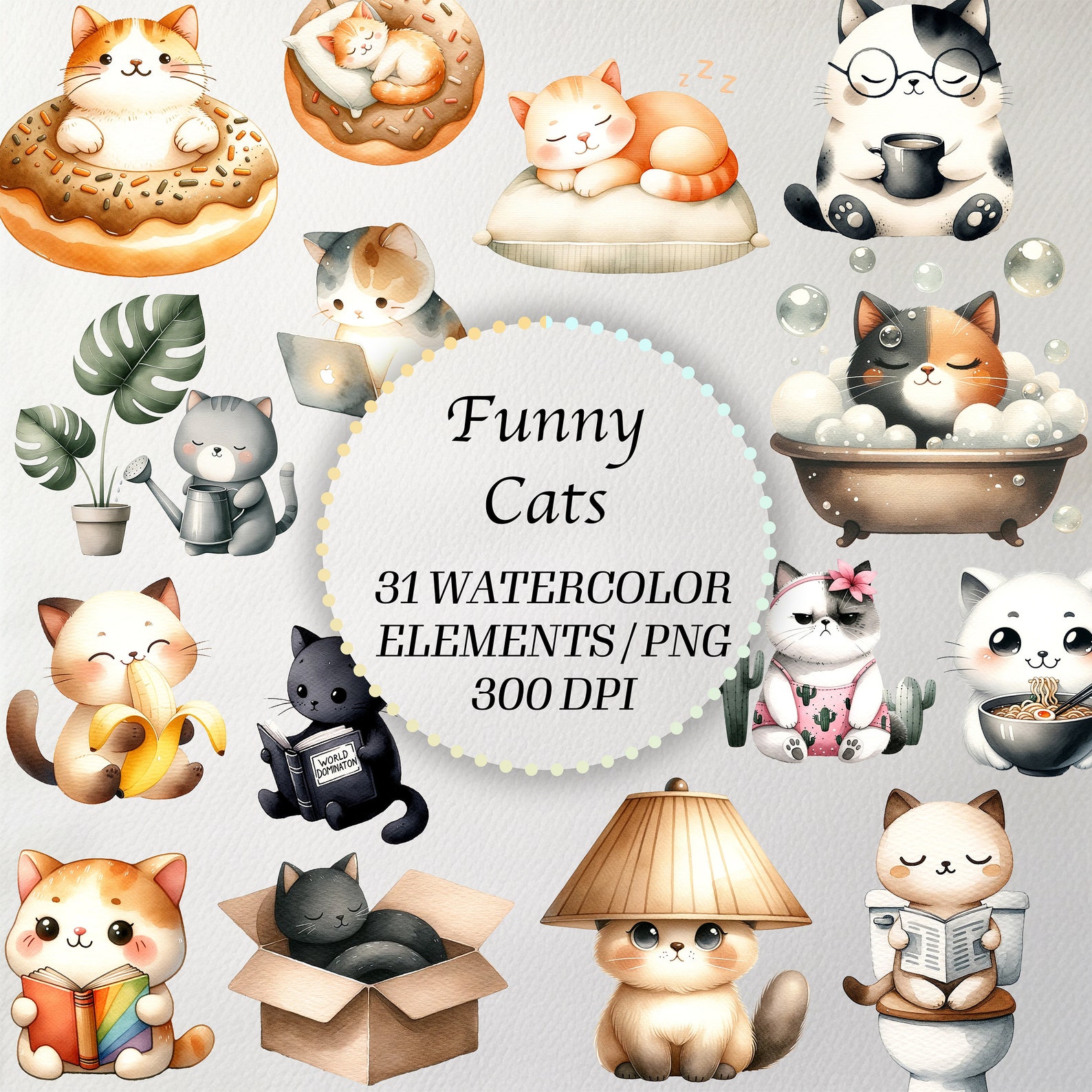 Funny Watercolor Cat Clipart Bundle Cute Cats PNG, Digital Download for ...